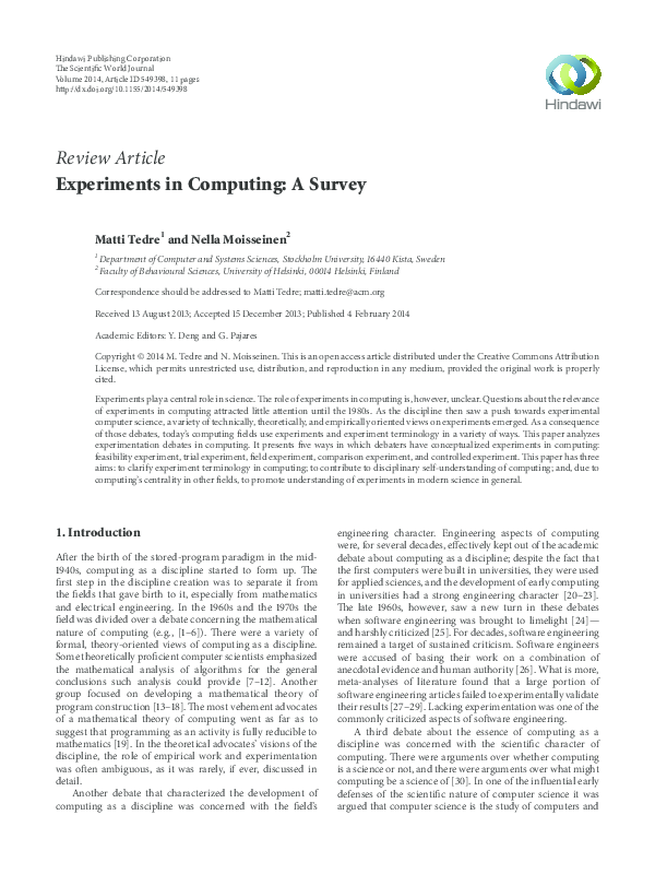 (PDF) Experiments in computing: a survey