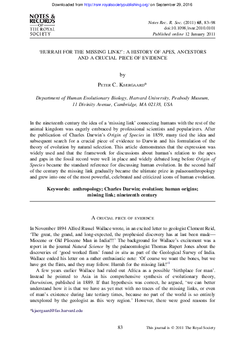 (PDF) Hurrah for the missing link!': a history of apes, ancestors and a ...