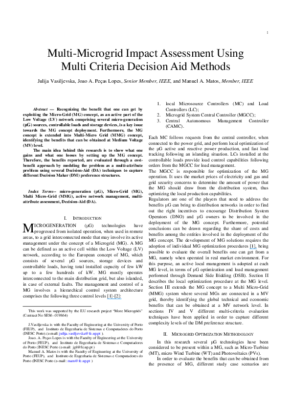 (PDF) Multi-microgrid impact assessment using multi criteria Decision Aid methods