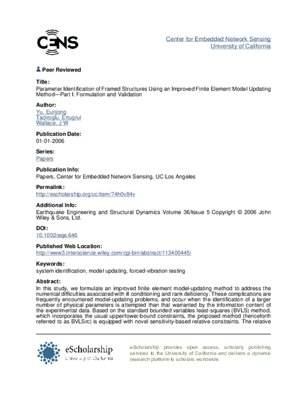 Pdf Parameter Identification Of Framed Structures Using An Improved Finite Element Model