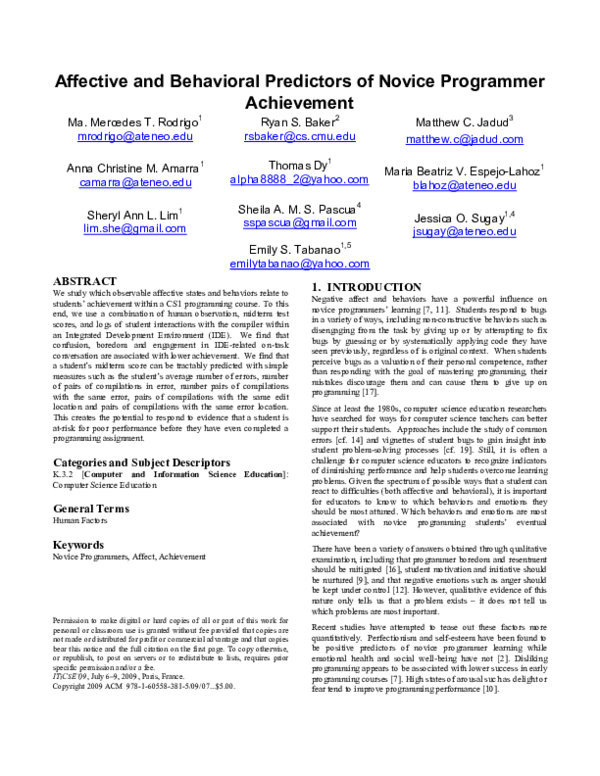 Pdf Affective And Behavioral Predictors Of Novice Programmer Achievement 