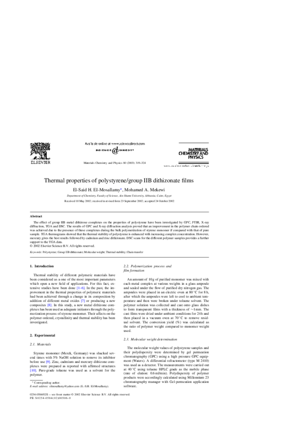 (PDF) Thermal properties of polystyrene/group IIB dithizonate films