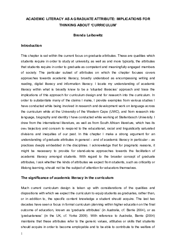 (DOC) ACADEMIC LITERACY AS A GRADUATE ATTRIBUTE: IMPLICATIONS FOR ...