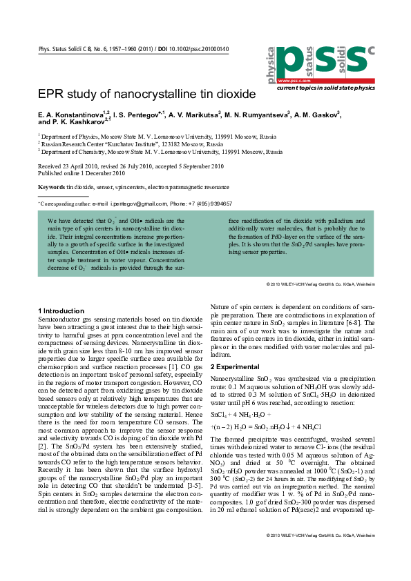 (PDF) EPR study of nanocrystalline tin dioxide | Marina Rumyantseva ...
