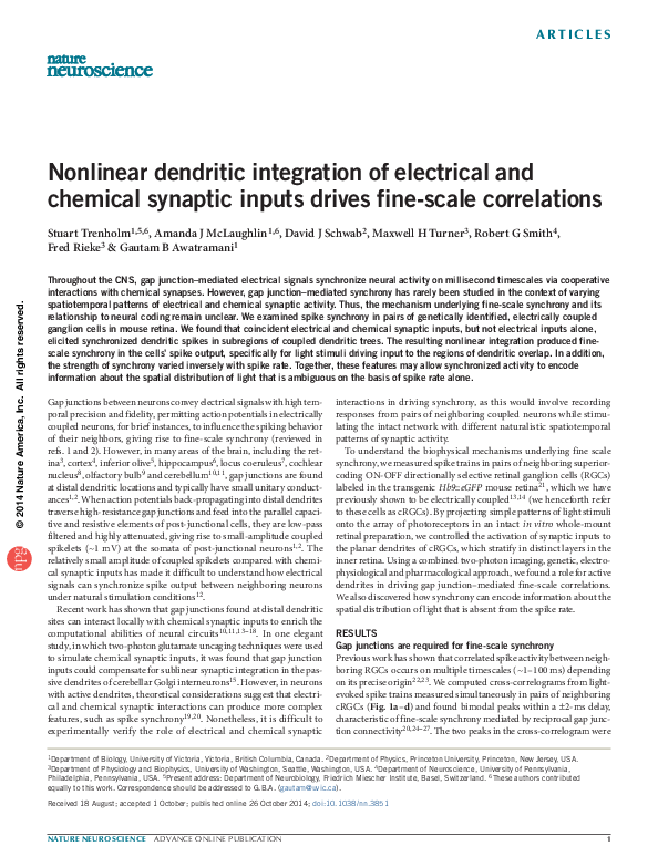 (PDF) Nonlinear dendritic integration of electrical and chemical synaptic inputs drives fine ...