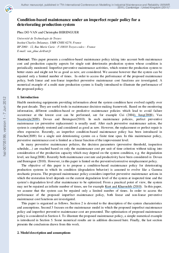(PDF) Condition based maintenance model for a production deteriorating ...