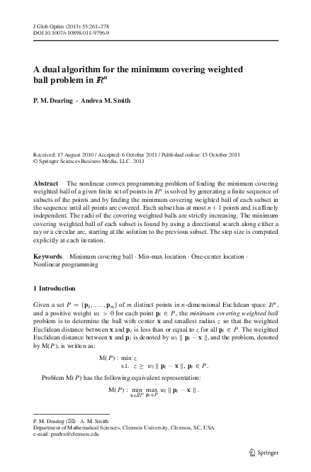 Pdf A Dual Algorithm For The Minimum Covering Weighted Ball Problem In Mathbb R N