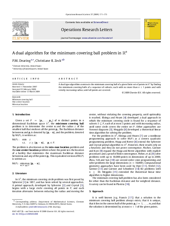 Pdf A Dual Algorithm For The Minimum Covering Ball Problem In P