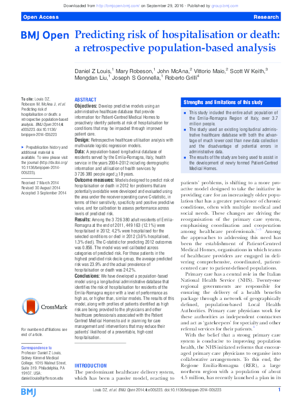 (PDF) Predicting risk of hospitalisation or death: a retrospective ...