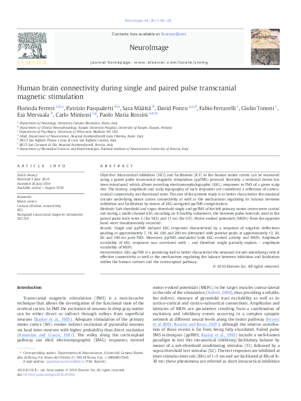 (PDF) Human brain connectivity during single and paired pulse transcranial magnetic stimulation