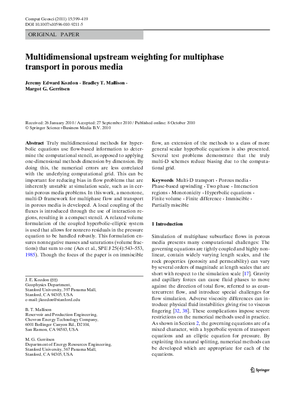 (PDF) Multidimensional upstream weighting for multiphase transport in porous media | Bradley ...