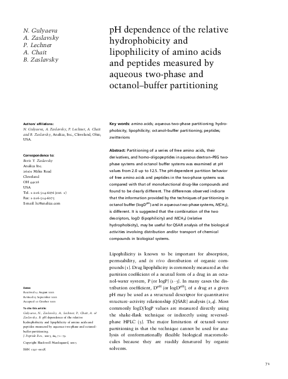 (PDF) pH dependence of the relative hydrophobicity and lipophilicity of amino acids and peptides ...