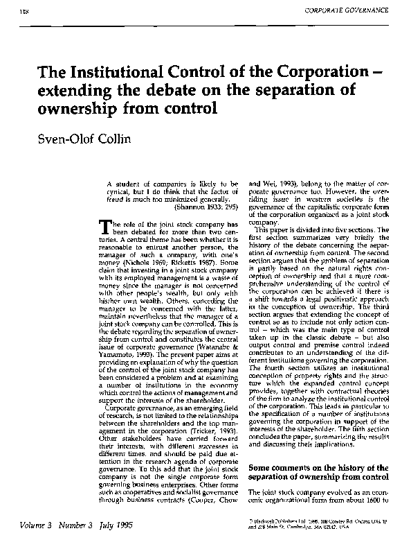 (PDF) The Institutional Control of the Corporation ? extending the ...
