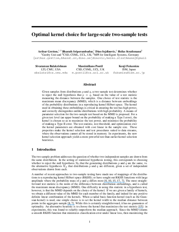Pdf Optimal Kernel Choice For Large Scale Two Sample Tests 6512