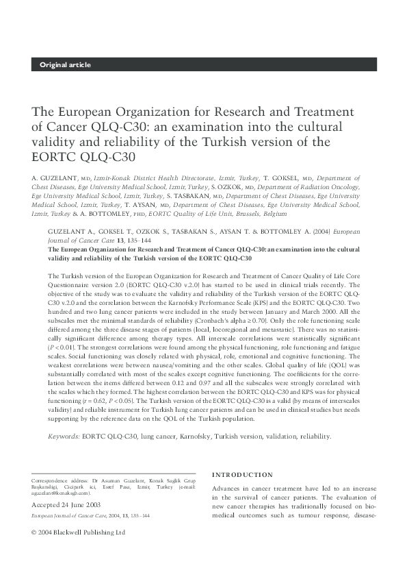 (PDF) The European Organization for Research and Treatment of Cancer QLQ-C30: an examination ...