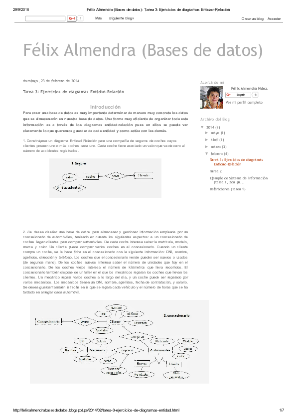 (PDF) Félix Almendra (Bases de datos) Tarea 3: Ejercicios de diagramas Entidad‐Relación