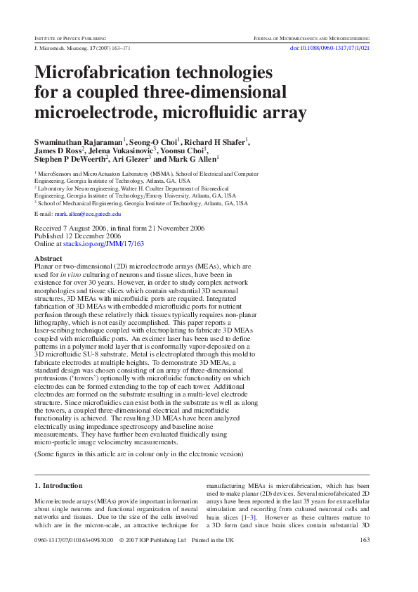 (PDF) Microfabrication technologies for a coupled three-dimensional microelectrode, microfluidic ...