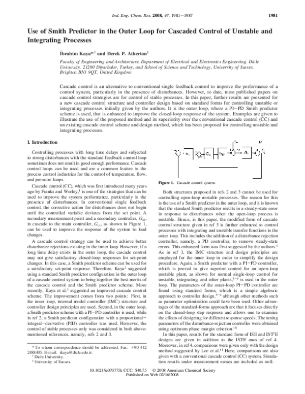 (PDF) Use of Smith Predictor in the Outer Loop for Cascaded Control of Unstable and Integrating ...