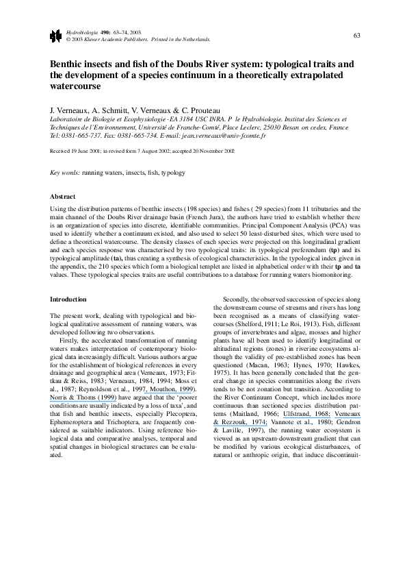(PDF) Benthic insects and fish of the Doubs River system: typological ...
