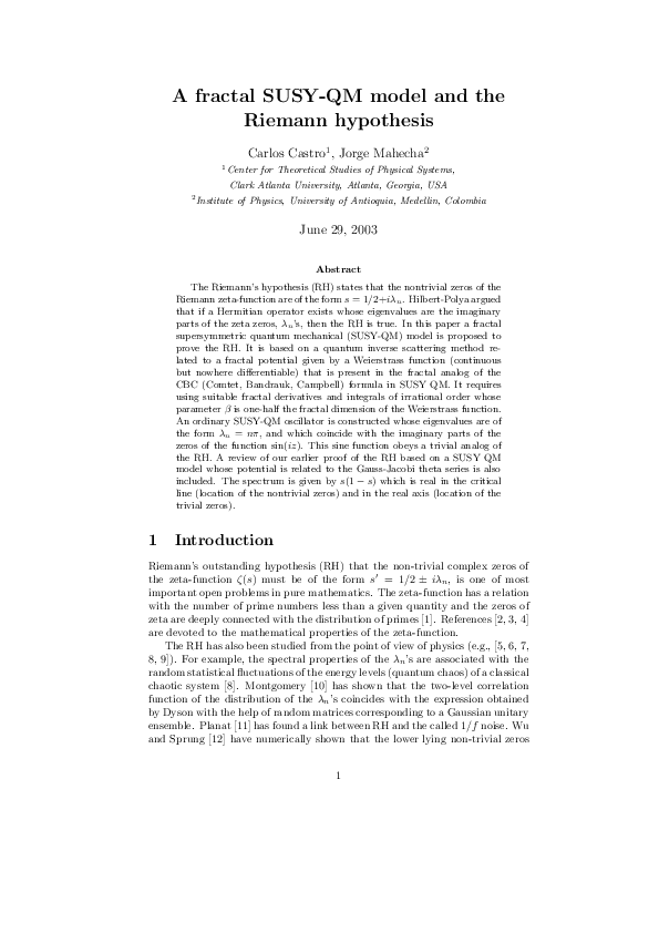 (PDF) A Fractal SUSY-QM Model and the Riemann Hypothesis