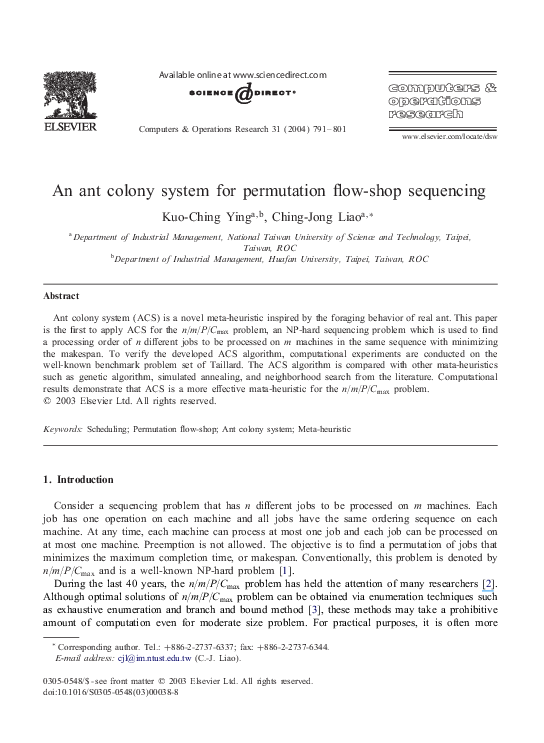 (PDF) An ant colony system for permutation flow-shop sequencing
