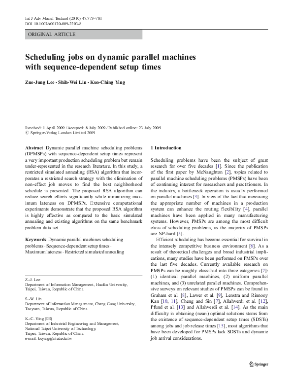 Pdf Scheduling Jobs On Dynamic Parallel Machines With Sequence Dependent Setup Times Kuo
