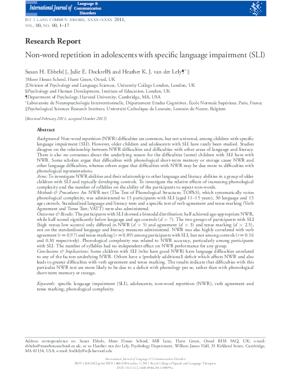 (PDF) Non-word repetition in adolescents with specific language ...