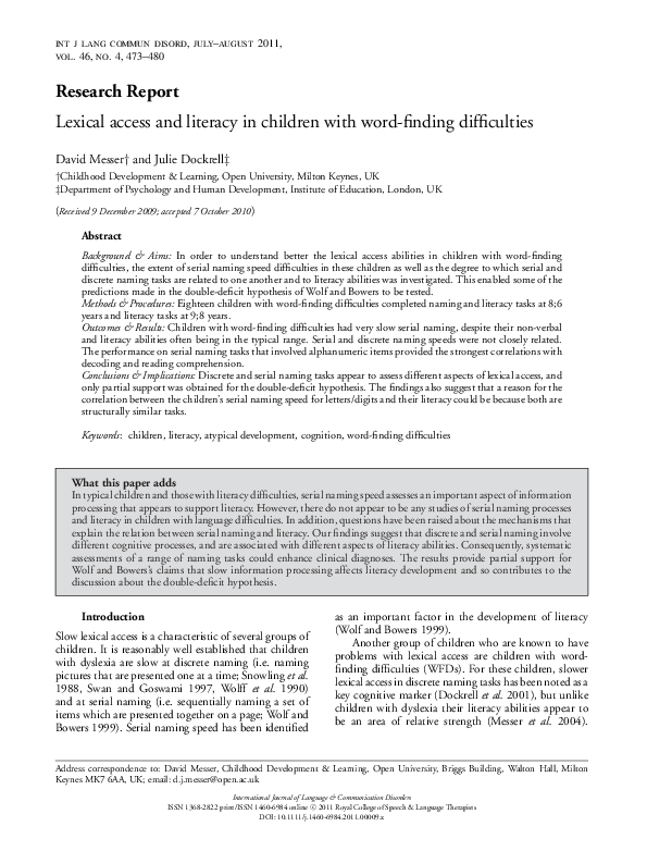 (PDF) Lexical access and literacy in children with word-finding ...