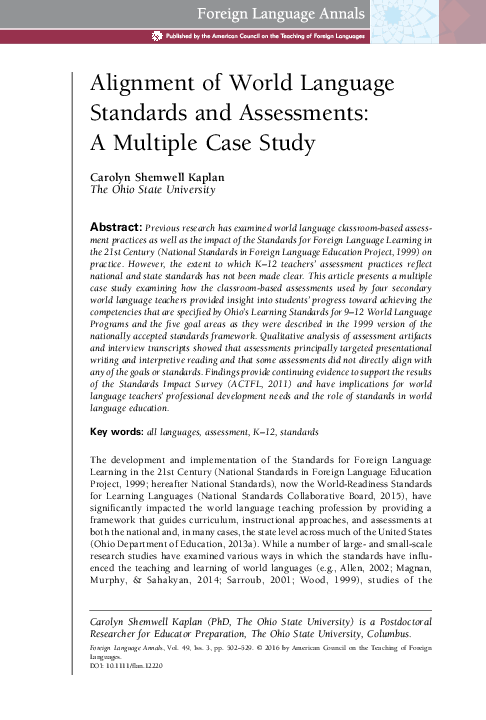 (PDF) Alignment of World Language Standards and Assessments: A Multiple ...