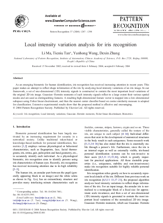 (PDF) Local intensity variation analysis for iris recognition