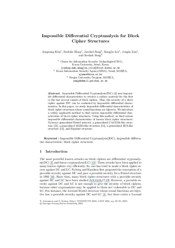 Pdf Impossible Differential Cryptanalysis For Block Cipher Structures