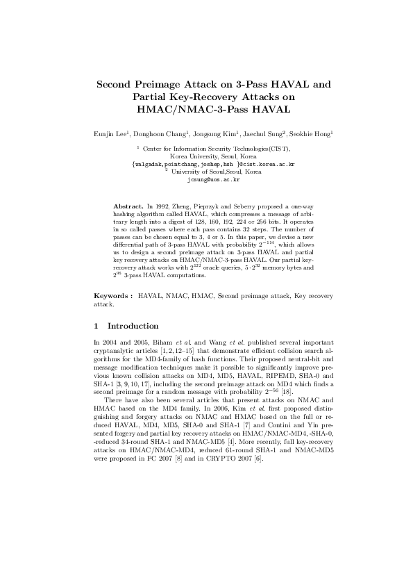 (PDF) Second Preimage Attack on 3Pass HAVAL and Partial Key-Recovery Attacks on HMAC/NMAC-3Pass ...