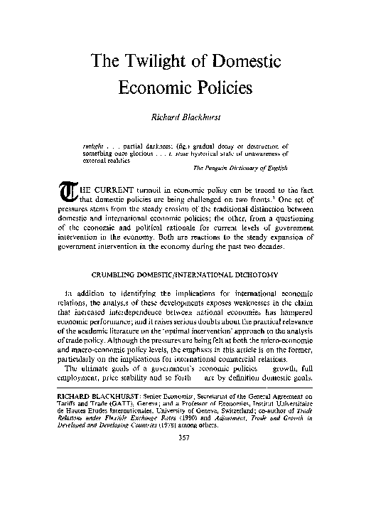 (PDF) The Twilight of Domestic Economic Policies