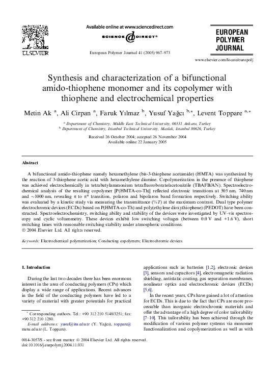 (PDF) Synthesis and characterization of a bifunctional amido-thiophene ...