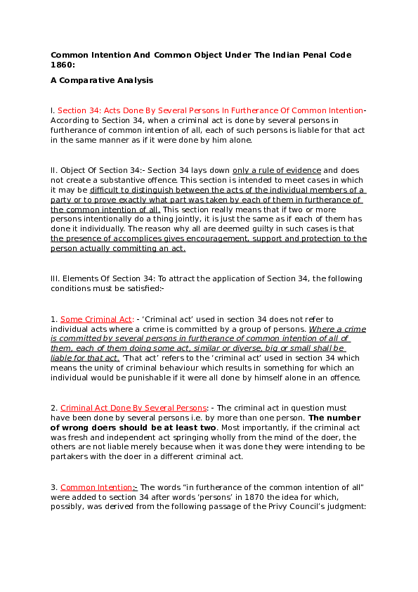 (DOC) Common Intention And Common Object Under The Indian Penal Code
