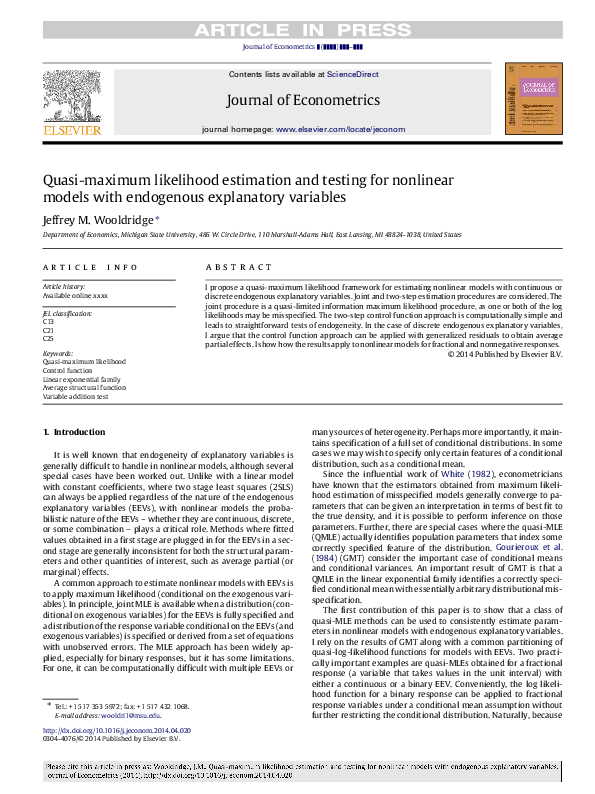 Pdf Quasi Maximum Likelihood Estimation And Testing For Nonlinear