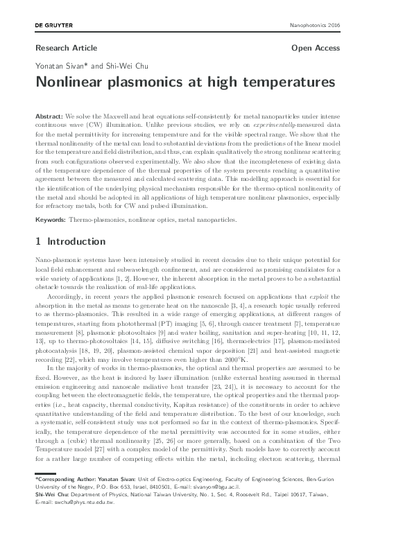 (PDF) Nonlinear plasmonics at high temperatures