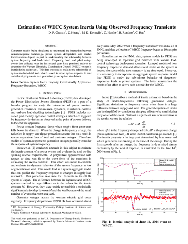 Pdf Estimation Of Wecc System Inertia Using Observed Frequency Transients
