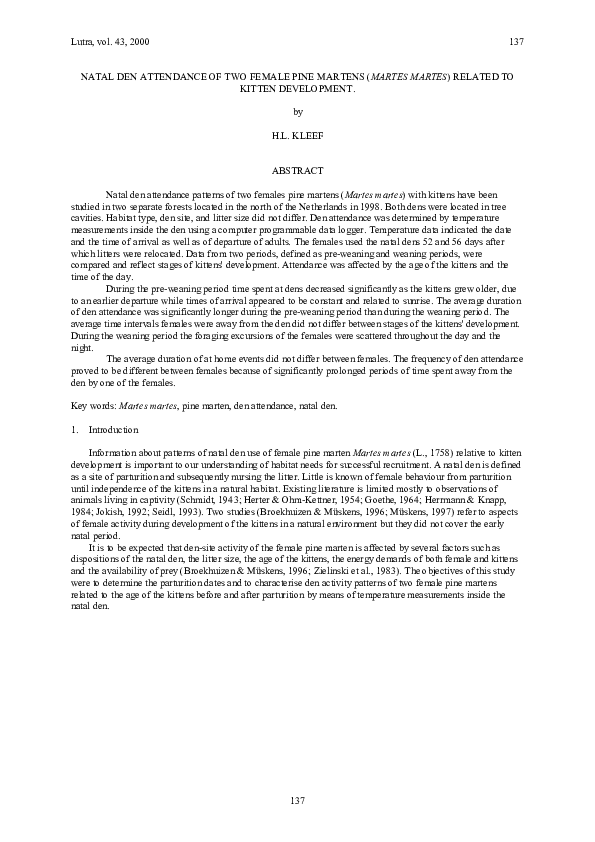(PDF) NATAL DEN ATTENDANCE OF TWO FEMALE PINE MARTENS (MARTES MARTES ...
