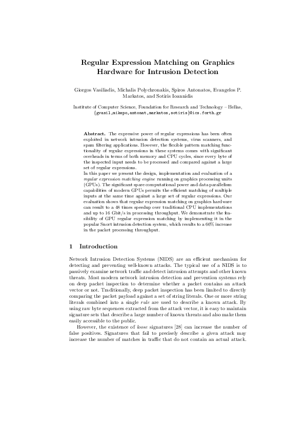 (PDF) Regular Expression Matching on Graphics Hardware for Intrusion Detection