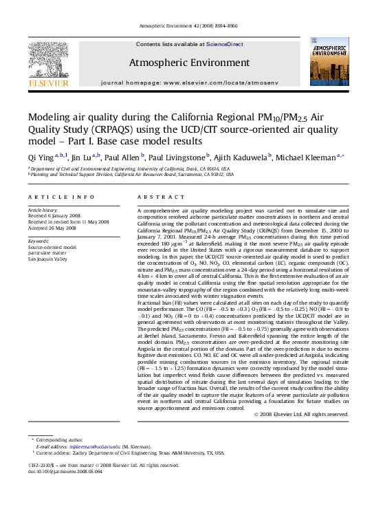 (PDF) Modeling air quality during the California Regional PM 10/PM 2.5 ...