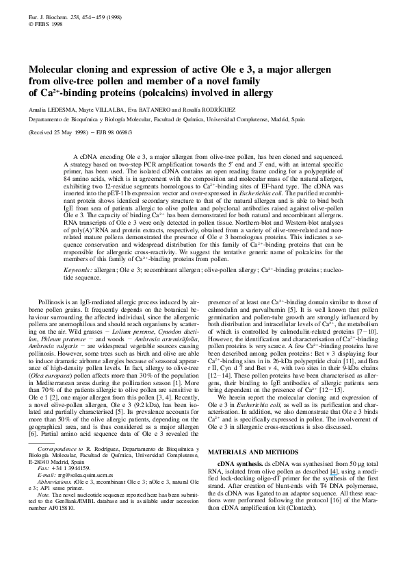 (PDF) Molecular cloning and expression of active Ole e 3, a major ...