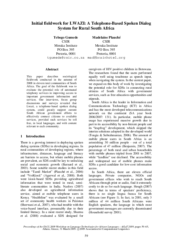 (PDF) Initial fieldwork for LWAZI: a telephone-based spoken dialog system for rural South Africa