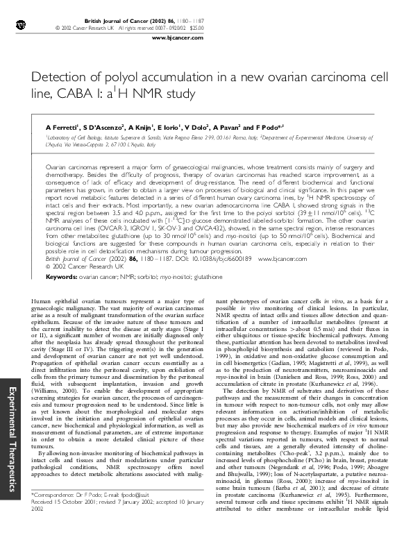 (PDF) Detection of polyol accumulation in a new ovarian carcinoma cell line, CABA I: a1H NMR ...