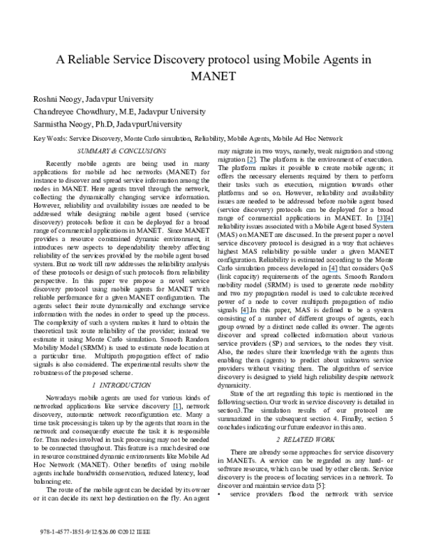 (PDF) A reliable service discovery protocol using mobile agents in MANET