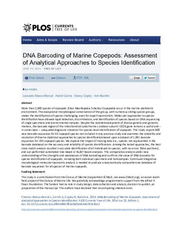(PDF) DNA Barcoding of Marine Copepods: Assessment of Analytical ...