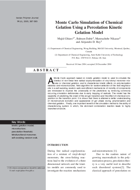 (PDF) Monte Carlo Simulation of Chemical Gelation Using a Percolation Kinetic Gelation Model