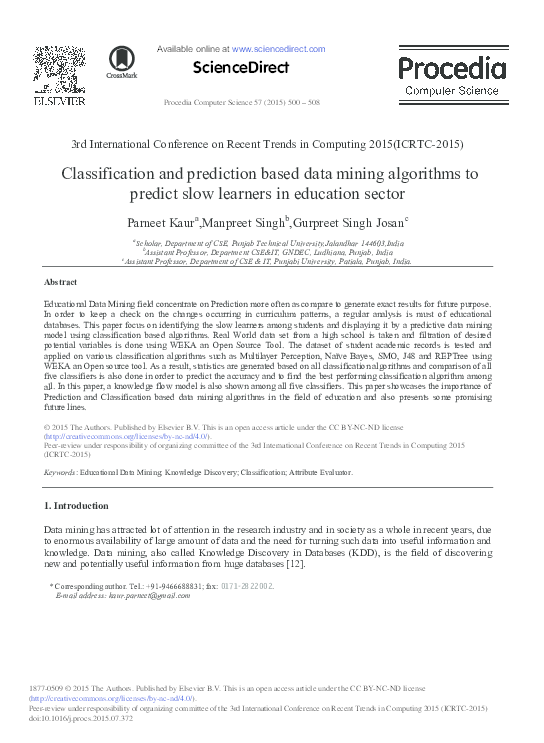 Pdf Classification And Prediction Based Data Mining Algorithms To Predict Slow Learners In 9350