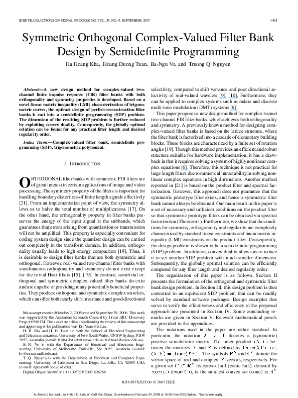 (PDF) Symmetric Orthogonal Complex-Valued Filter Bank Design by Semidefinite Programming