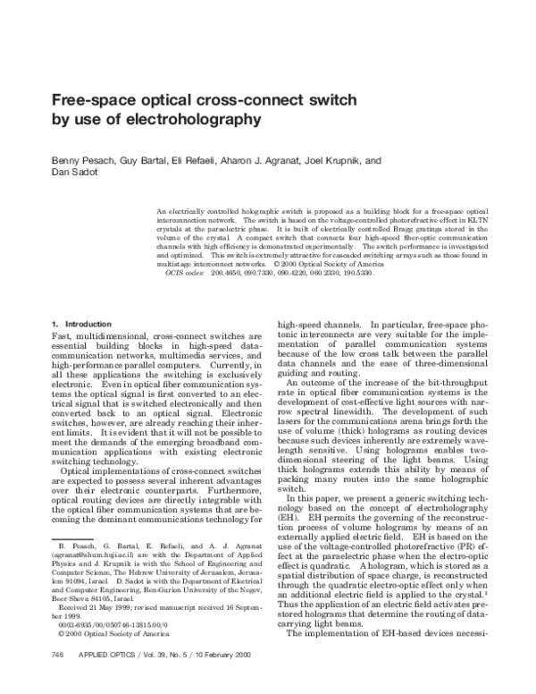 (PDF) Free-Space Optical Cross-Connect Switch by Use of Electroholography